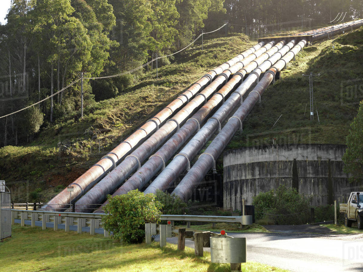 Hydroelectric industrial pipes at hydroelectric power station, Tasmania ...