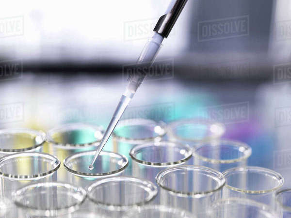 Sample being pipetted into a rack of test tubes inside a fume cupboard ...