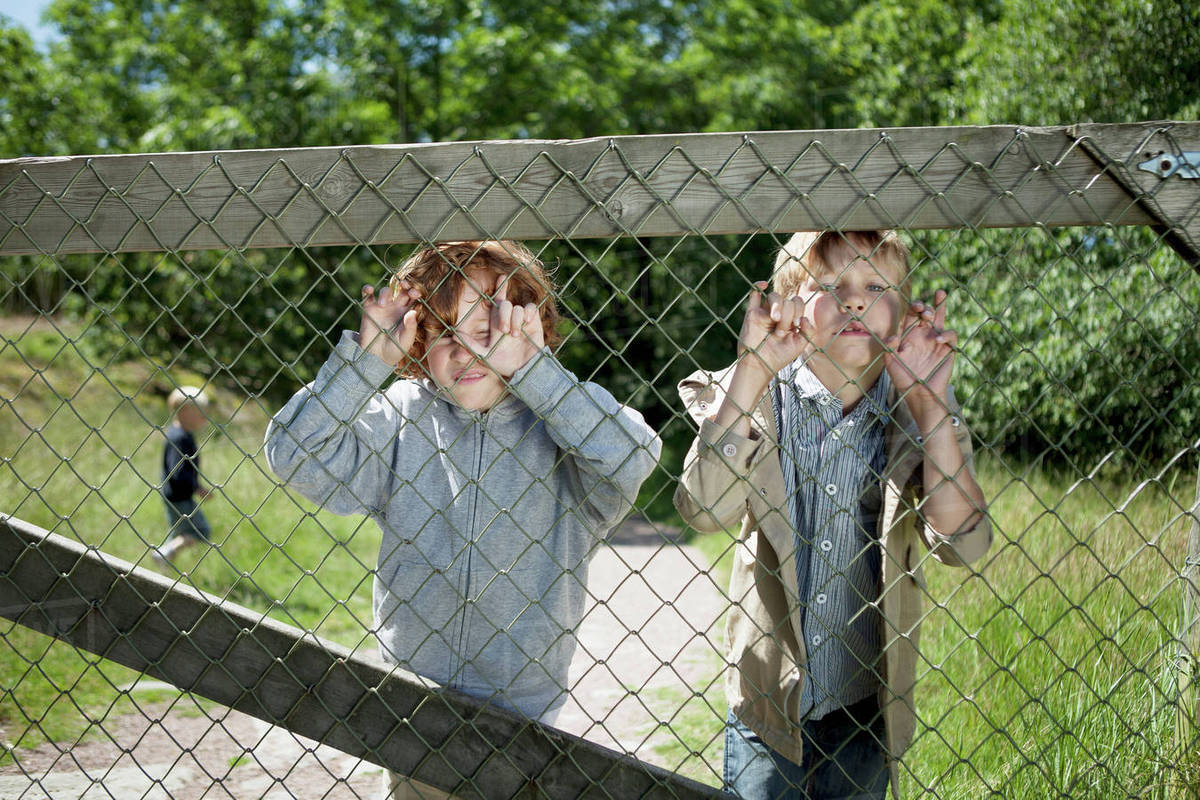 Children peering through chain fence - Royalty-free Stock Photo | Dissolve