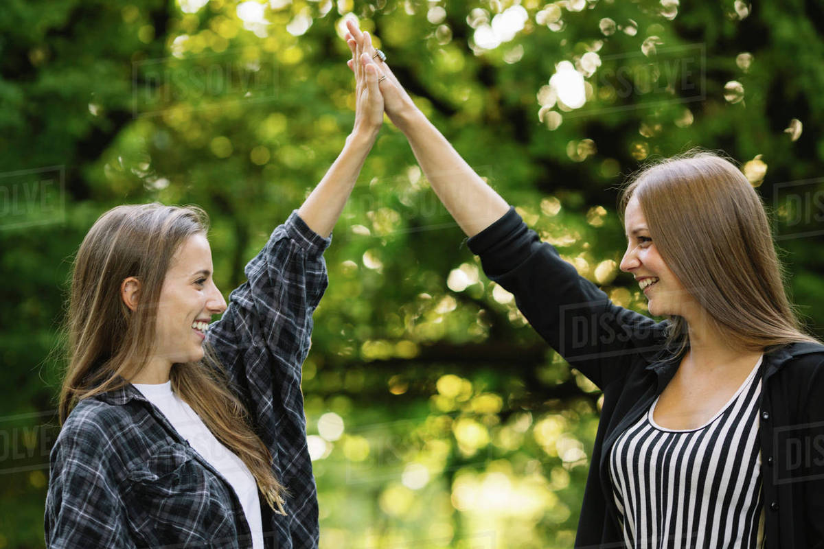 Two young female friends high fiving in park - Stock Photo - Dissolve