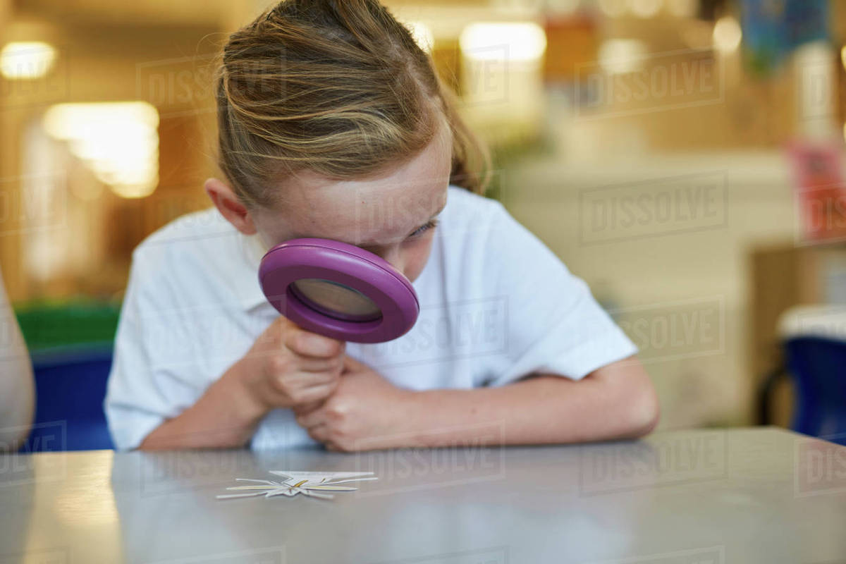 Schoolgirl looking through magnifying glass in classroom lesson at ...