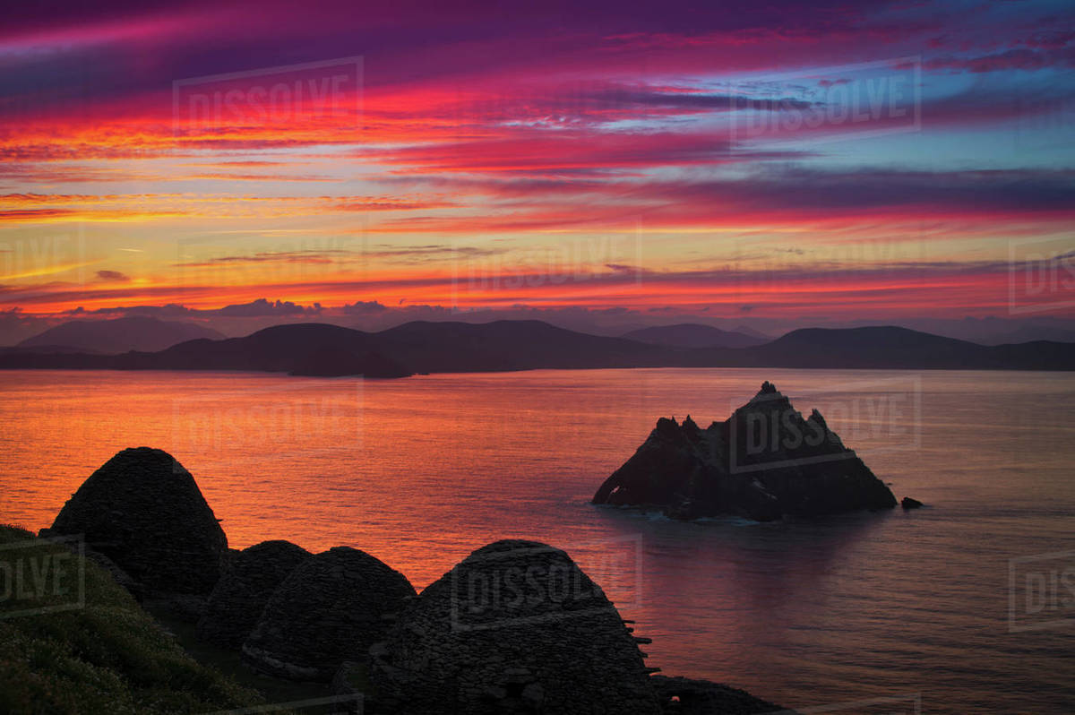Skellig Michael at sunset, Portmagee, Kerry, Ireland - Royalty-free ...