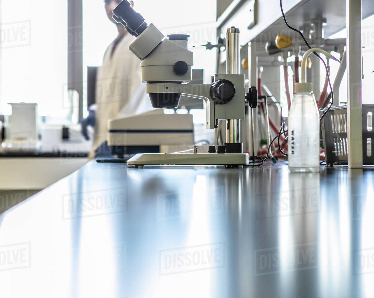 Microscope on laboratory counter, surface level view - Stock Photo ...