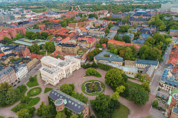 Aerial image of the town of Lund with the University in the foreground ...