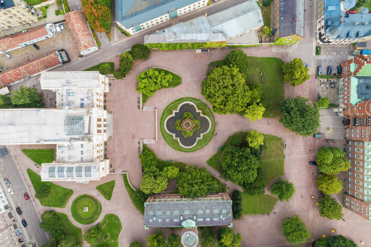 Birds eye view of Lund University near Malmoe and the courtyard and ...