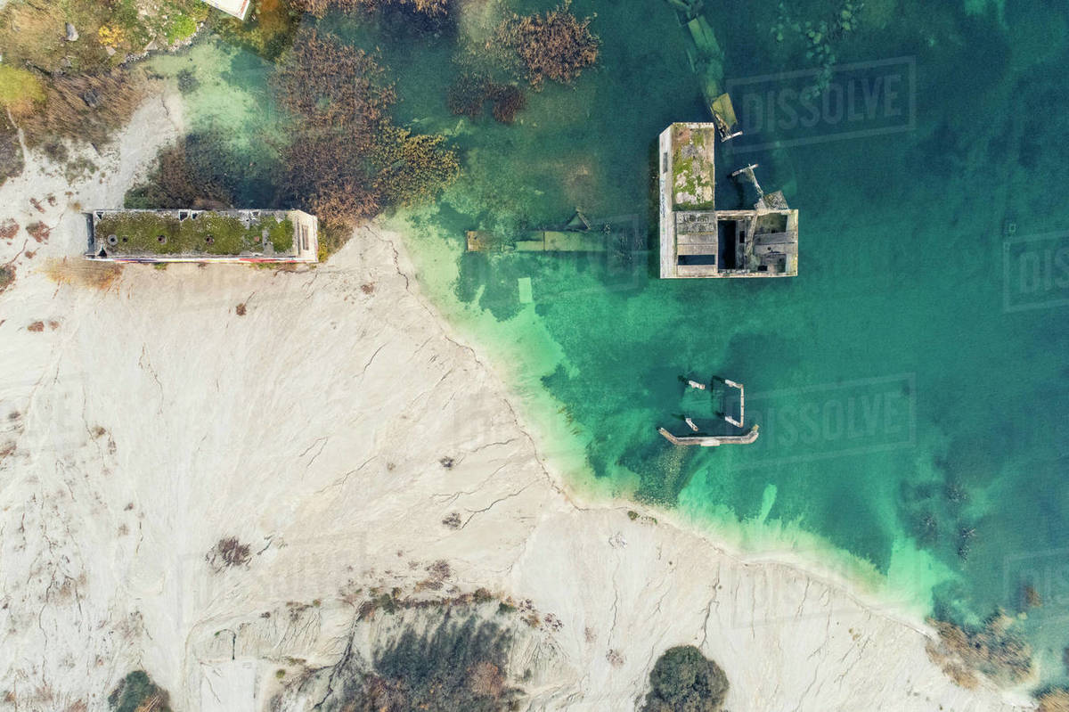 Aerial view of the lake by the underwater soviet prison in Rummu quarry ...