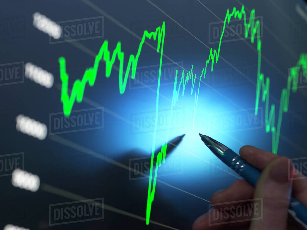 A close-up of a stock market graph on a digital screen with a person's ...