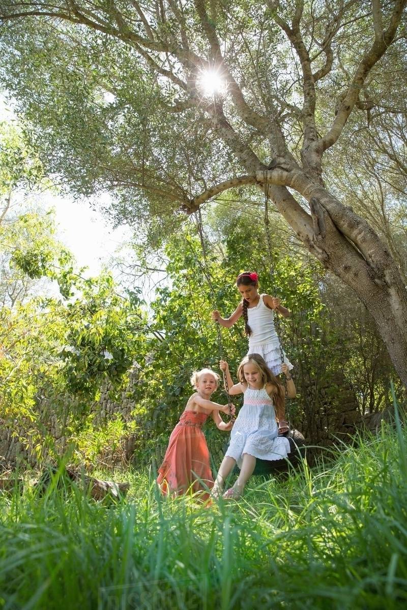Three girls playing on tree tire swing in garden - Royalty-free Stock ...