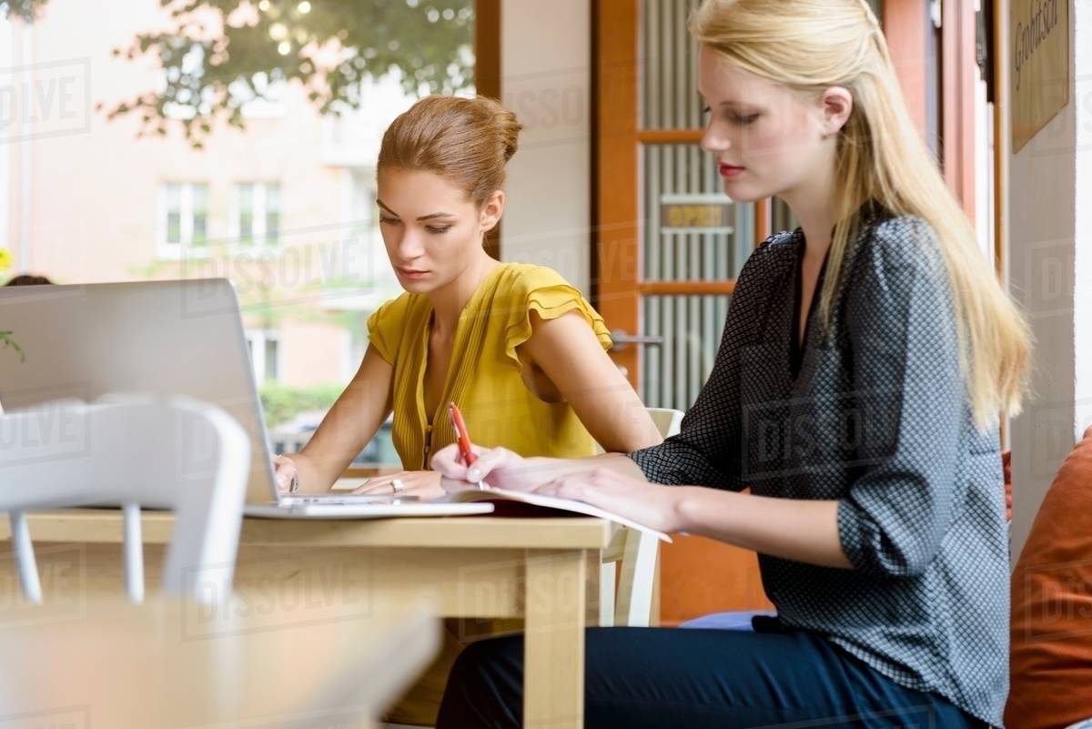 Two young women writing notes and using laptop in cafe - Stock Photo ...