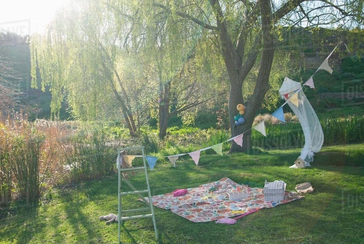 Picnic blanket and bunting outdoors - Royalty-free Stock Photo | Dissolve