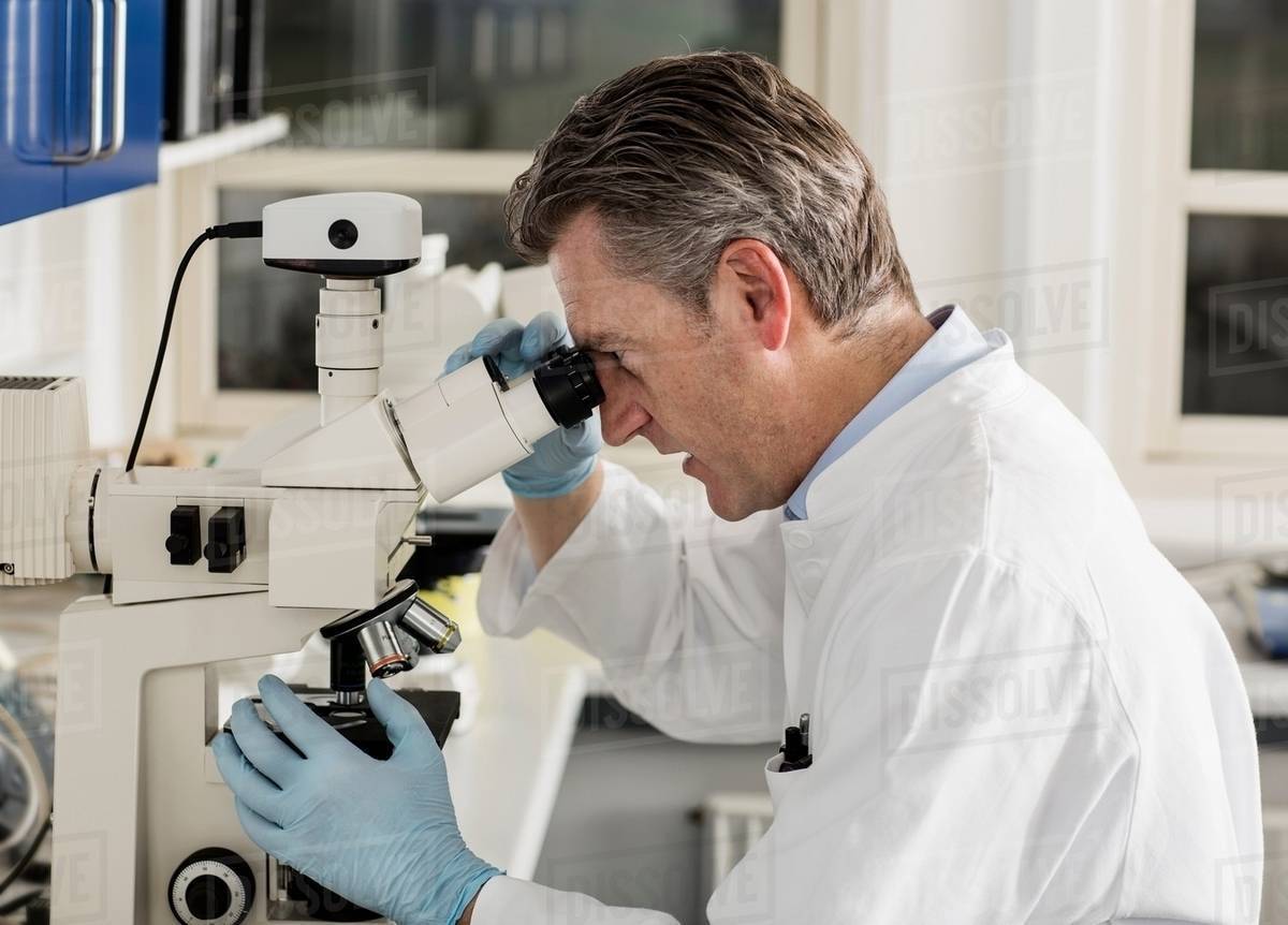 Scientist using microscope - Stock Photo - Dissolve