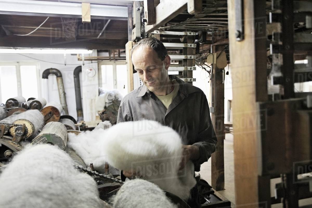 Worker looking at fleece in wool factory - Royalty-free Stock Photo ...