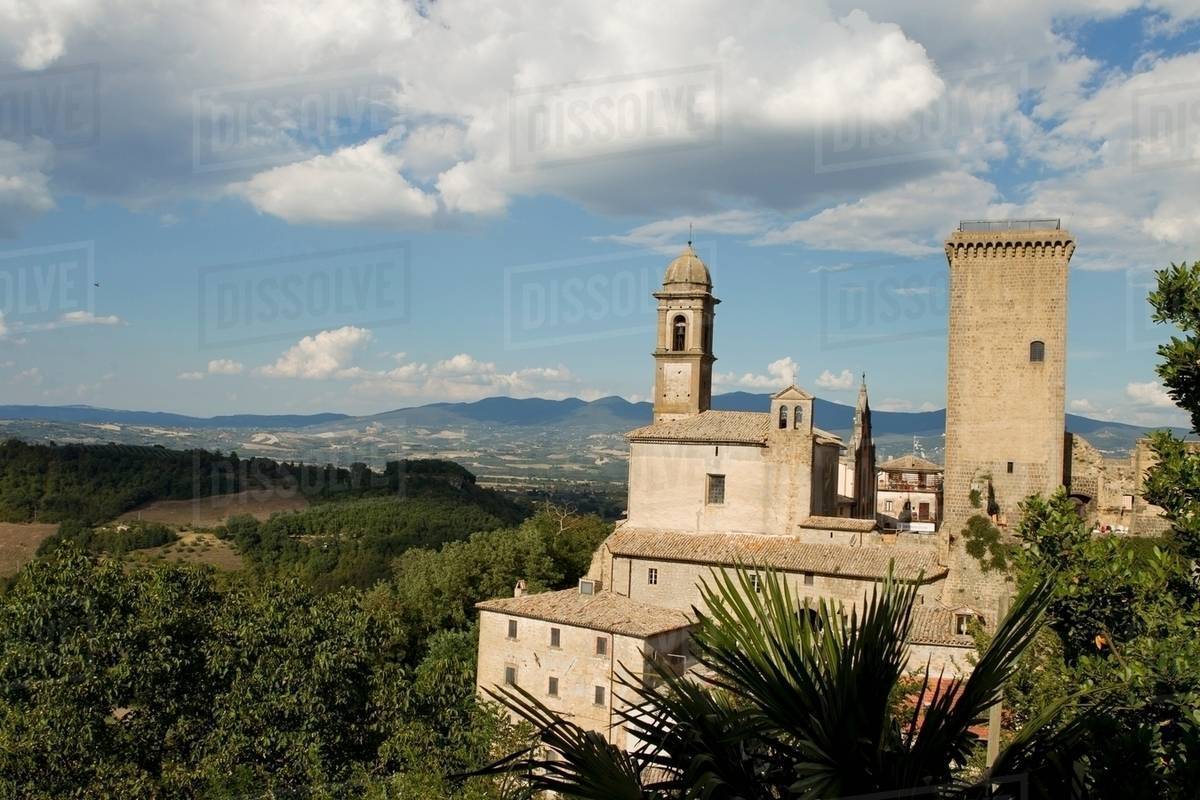 Aerial view of castle in rural landscape - Stock Photo - Dissolve