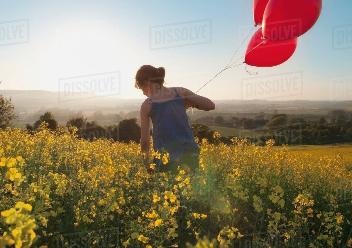 Girl carrying balloons in field - Stock Photo - Dissolve