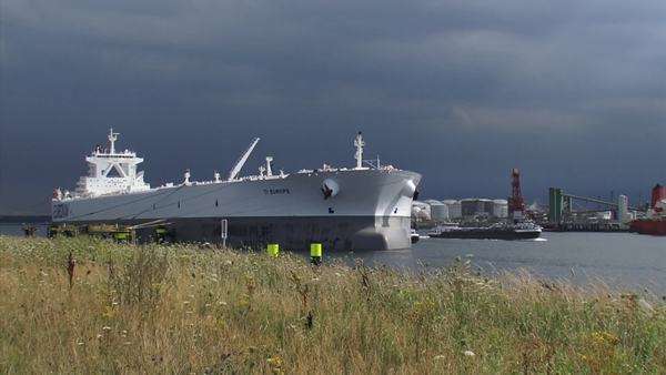 White supertanker TI Europe moored at dolphins 80 at Calandkanaal. The ...