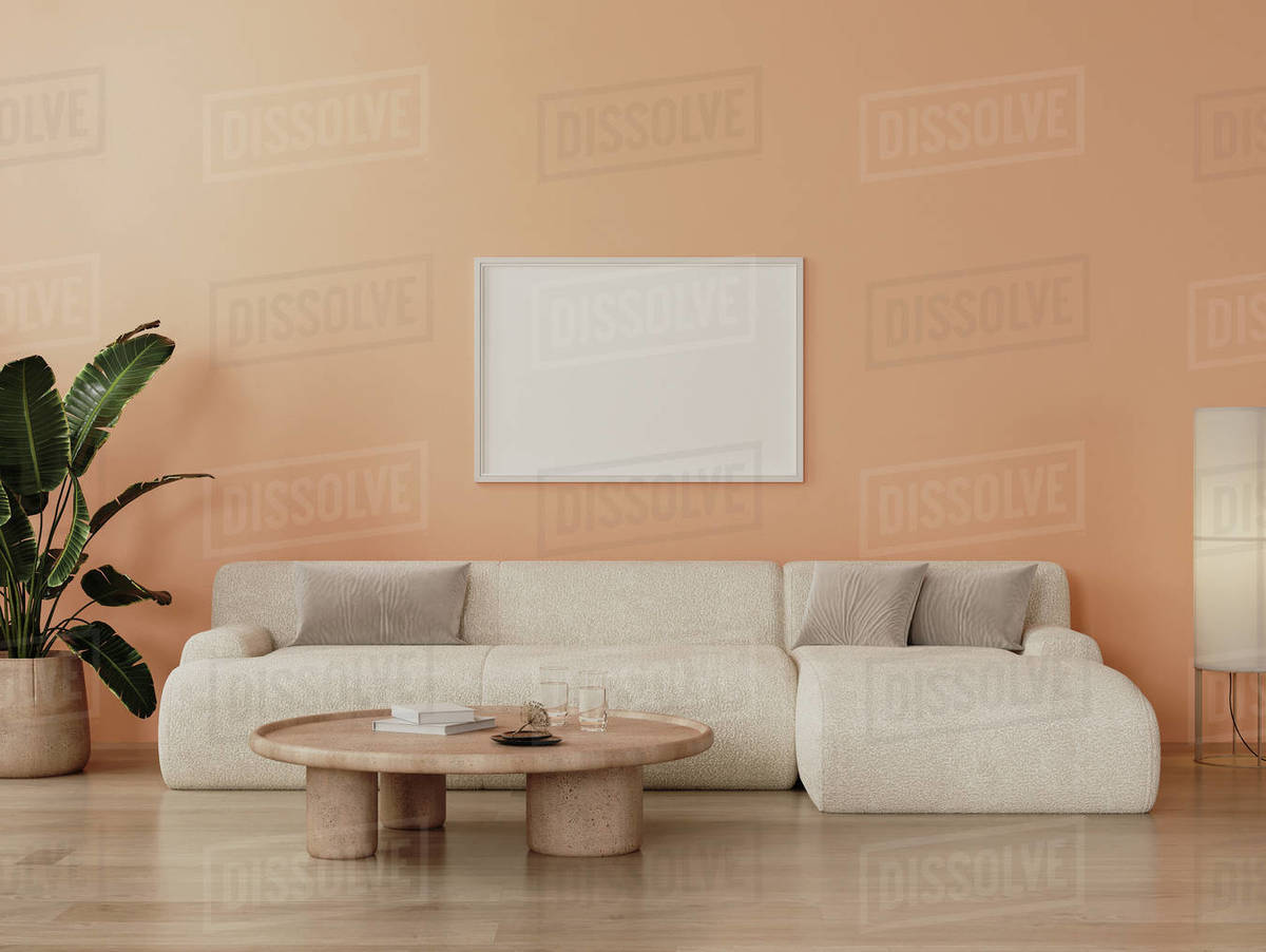 Horizontal frame mock up in modern living room interior in peach fuzz ...