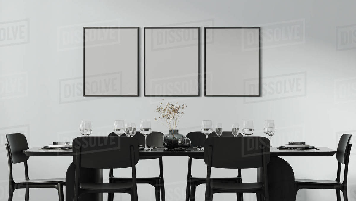 three frames mock up above a beautiful dining table setted with cutlery ...