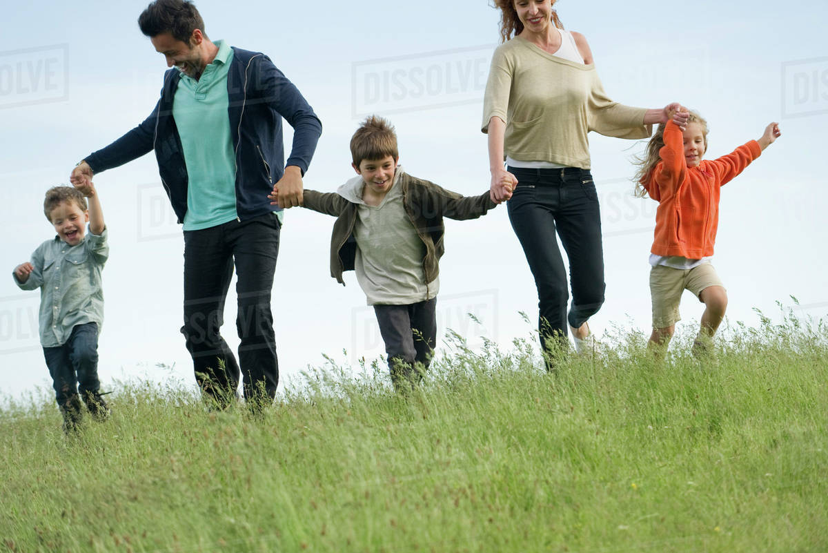 Family running hand in hand in field - Stock Photo - Dissolve