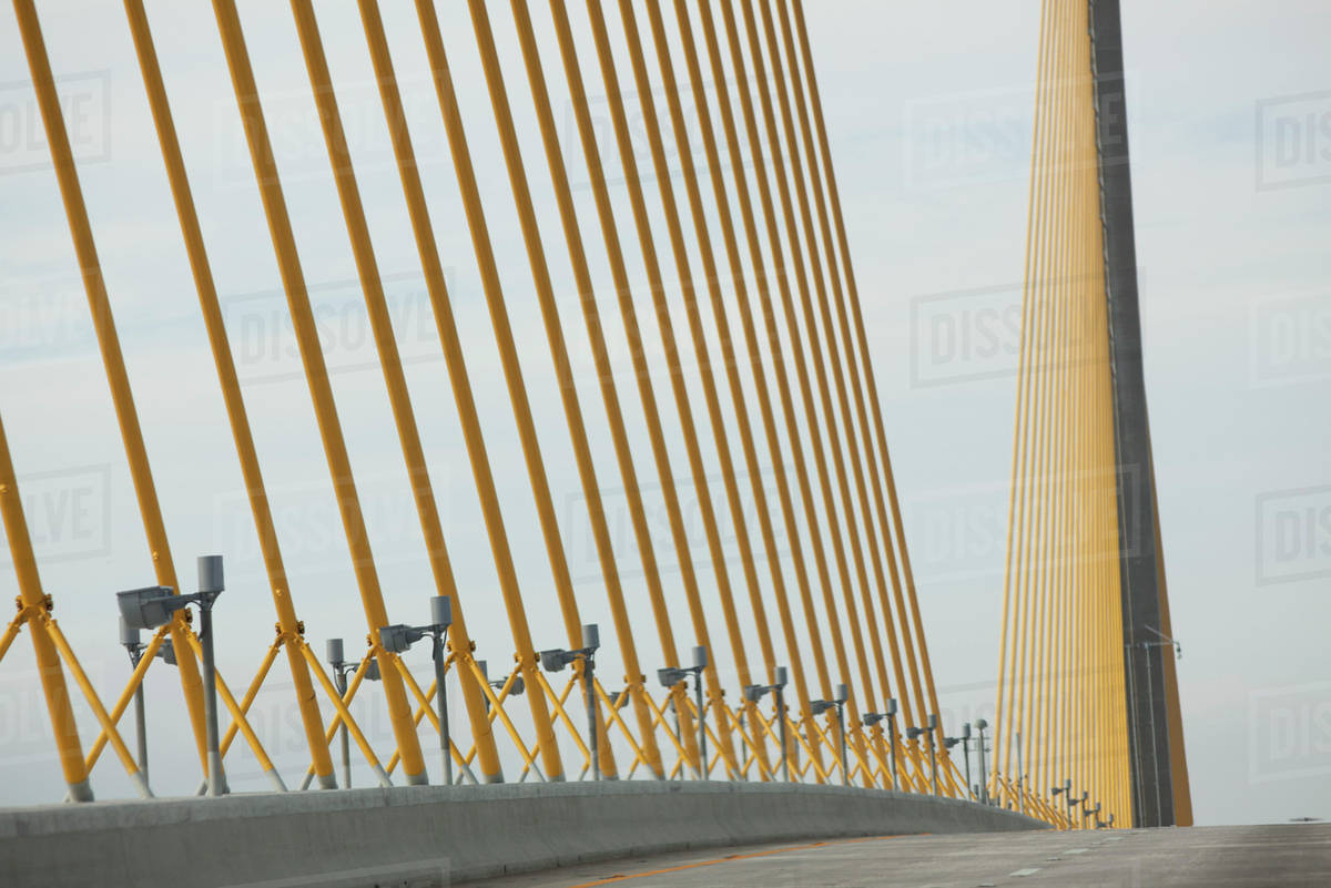 USA, Florida, Tampa, Sunshine Skyway Bridge, close-up of cable supports ...