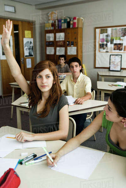 High school student raising hand in class - Royalty-free Stock Photo ...