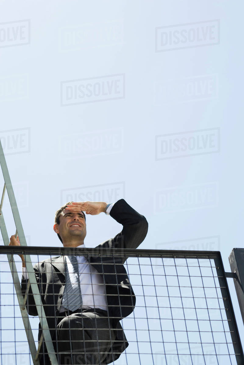 Businessman on ladder, looking at view, shading eyes, low angle view ...