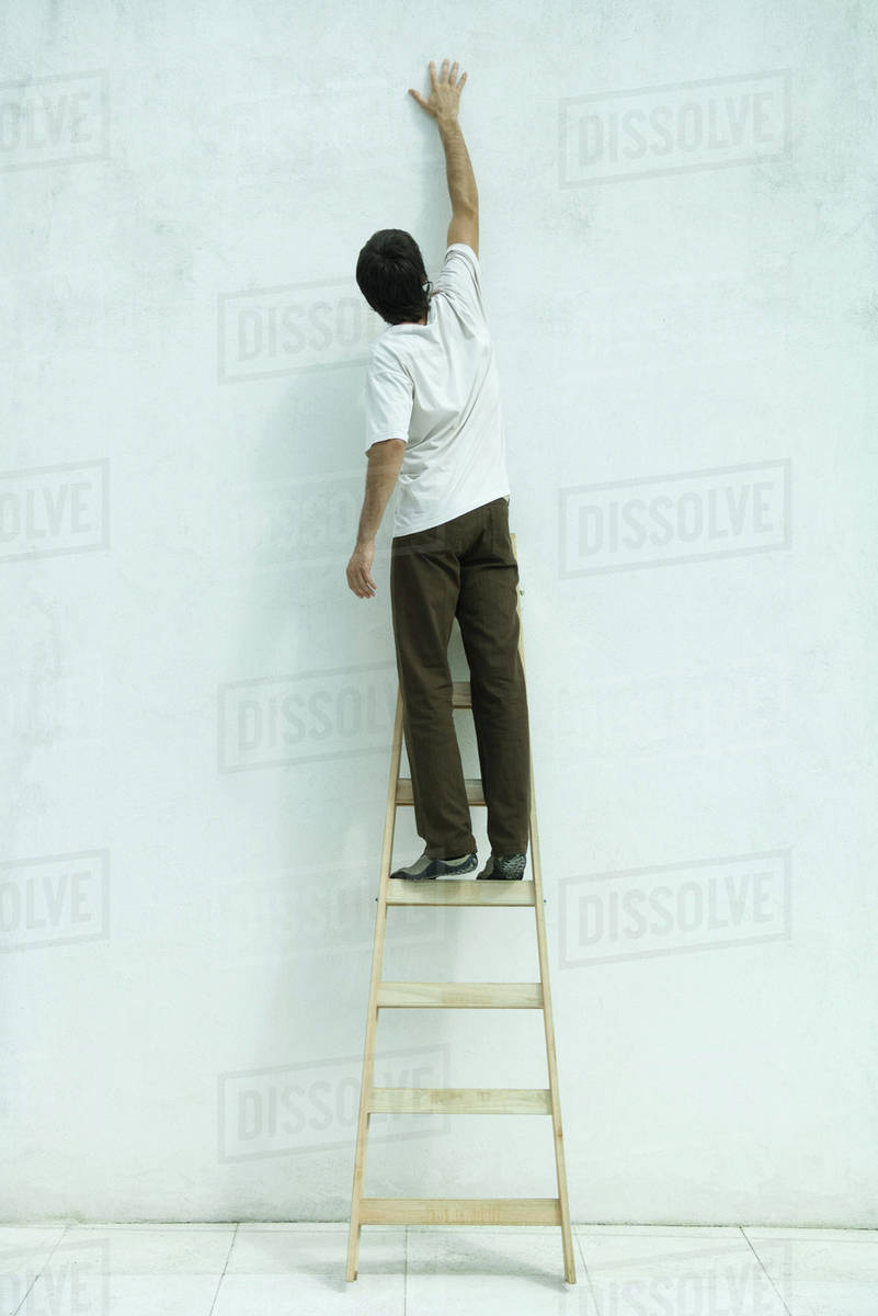 Man standing on ladder, arm raised, rear view - Royalty-free Stock ...