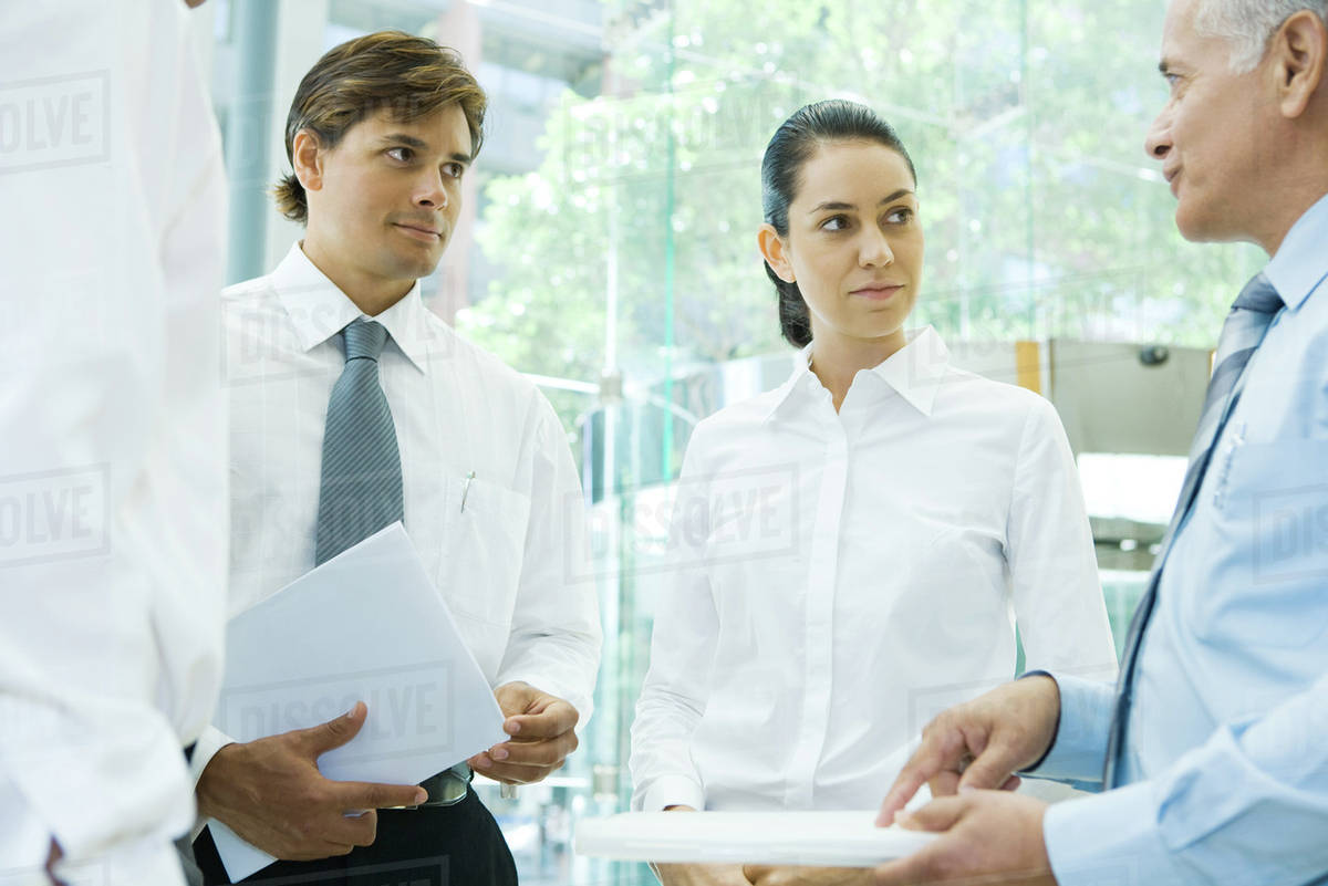 Business associates standing together, discussing, one pointing at file ...