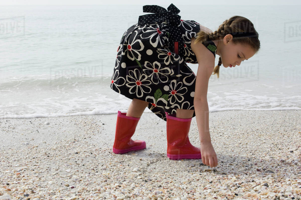 Girl picking up seashells on beach - Royalty-free Stock Photo | Dissolve