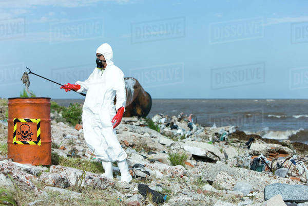 Person in protective suit placing dead fish in hazardous waste barrel ...