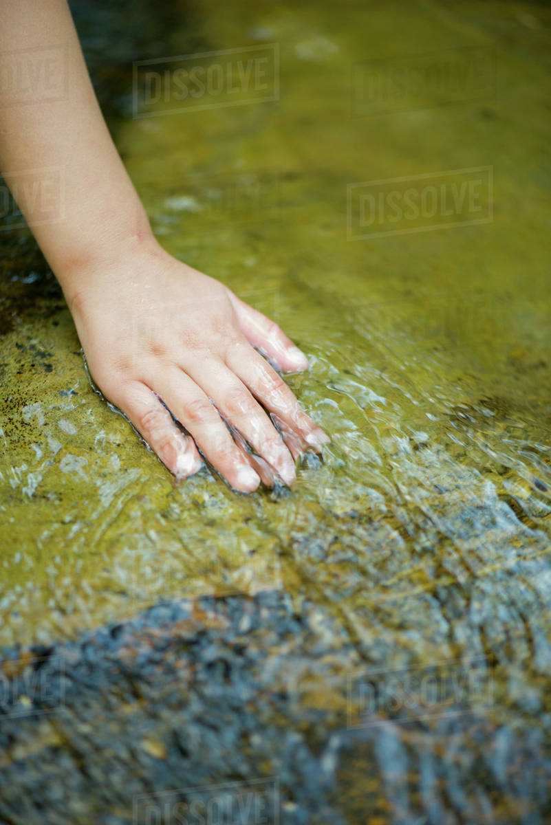 Hand touching rock in stream - Stock Photo - Dissolve