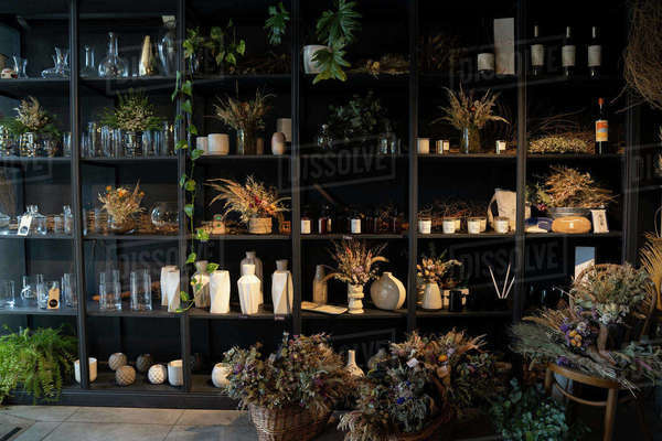 Partial view of shelves inside an interior design shop with various ...