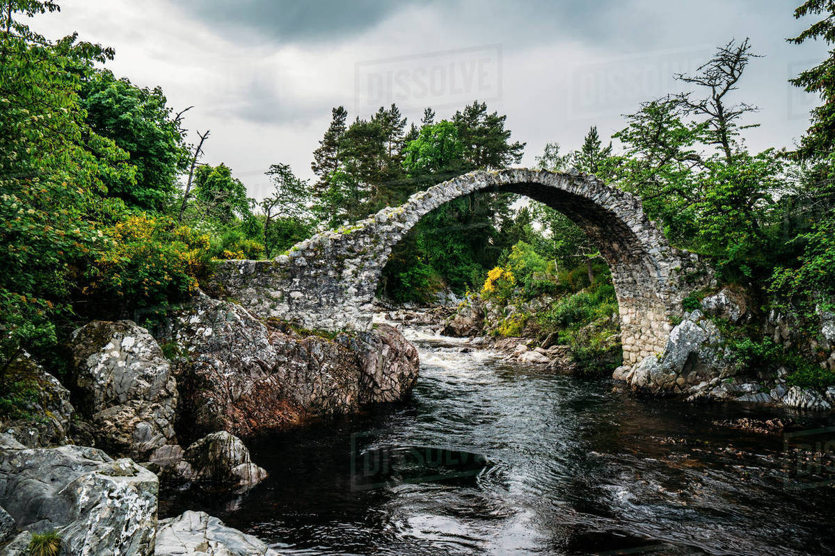 Arched footbridge over tranquil stream, Carrbridge, Scotland - Royalty ...