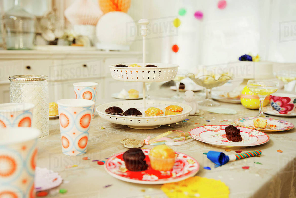 Cupcakes and decorations on birthday party table - Royalty-free Stock ...