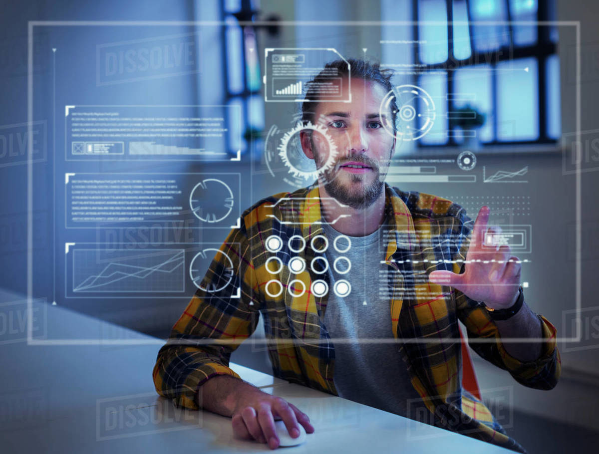 Businessman using futuristic hologram computer - Royalty-free Stock ...