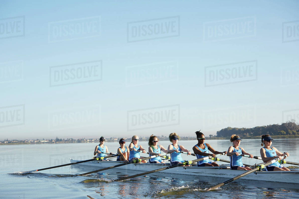 Female rowers rowing scull on sunny lake under blue sky - Royalty-free ...