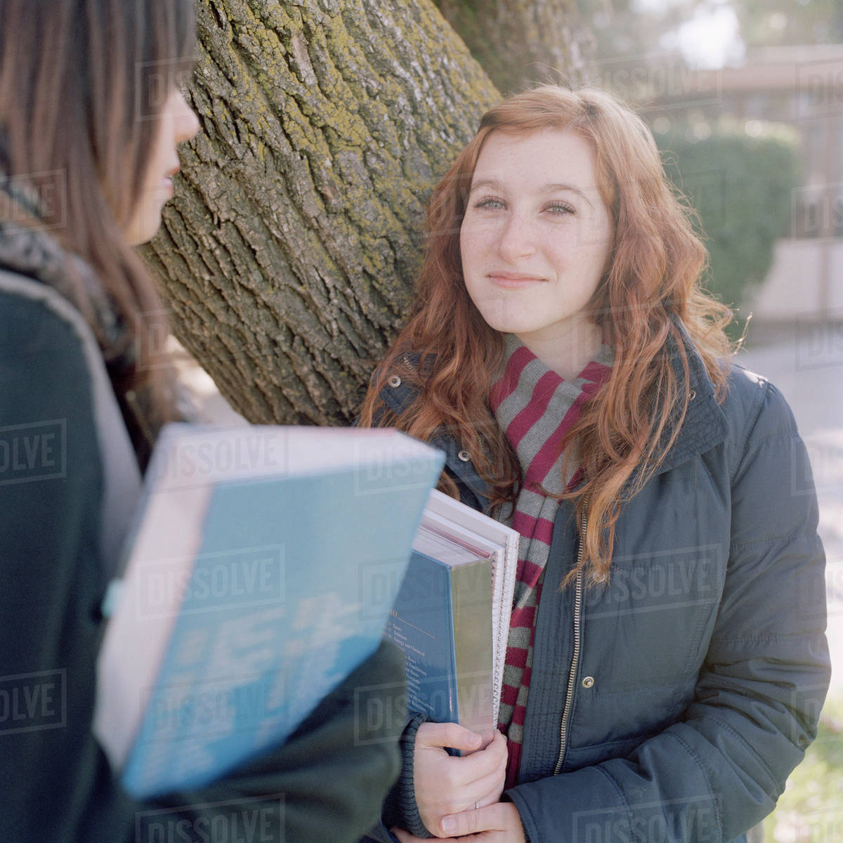 Two female classmates meeting outside class - Stock Photo - Dissolve