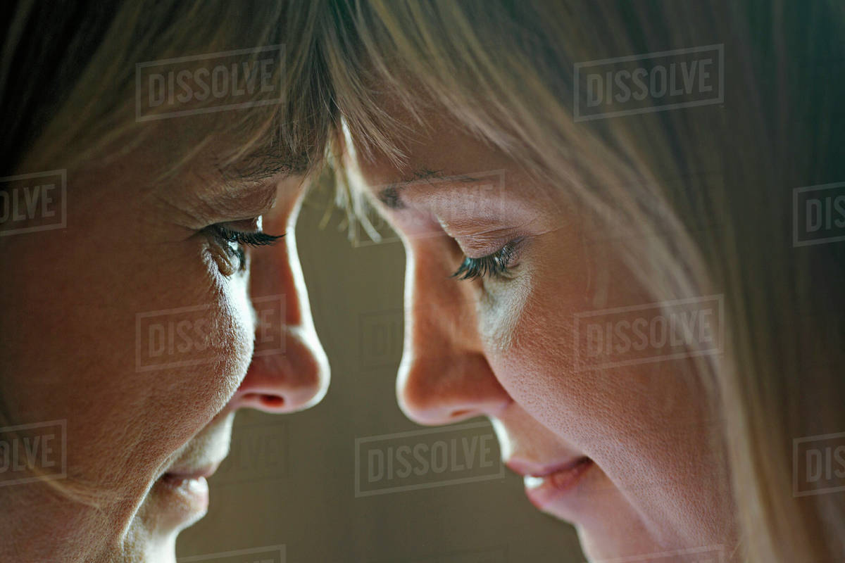 An adult woman touching foreheads with her mother, close-up - Stock ...