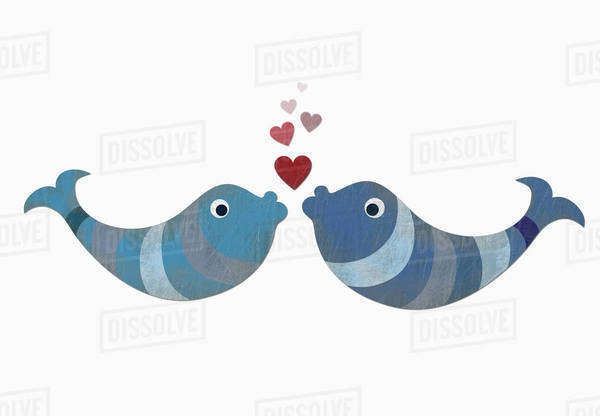 Two fish with heart shape bubbles against white background - Royalty ...
