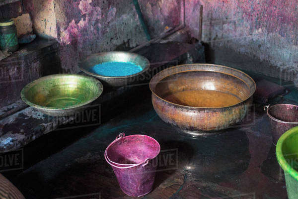 Liquid dyes in containers at workshop - Royalty-free Stock Photo | Dissolve