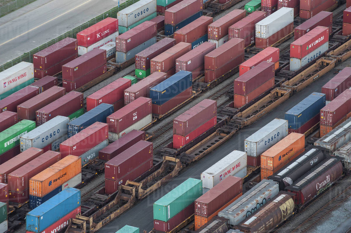 High angle view of cargo containers in shunting yard - Royalty-free ...