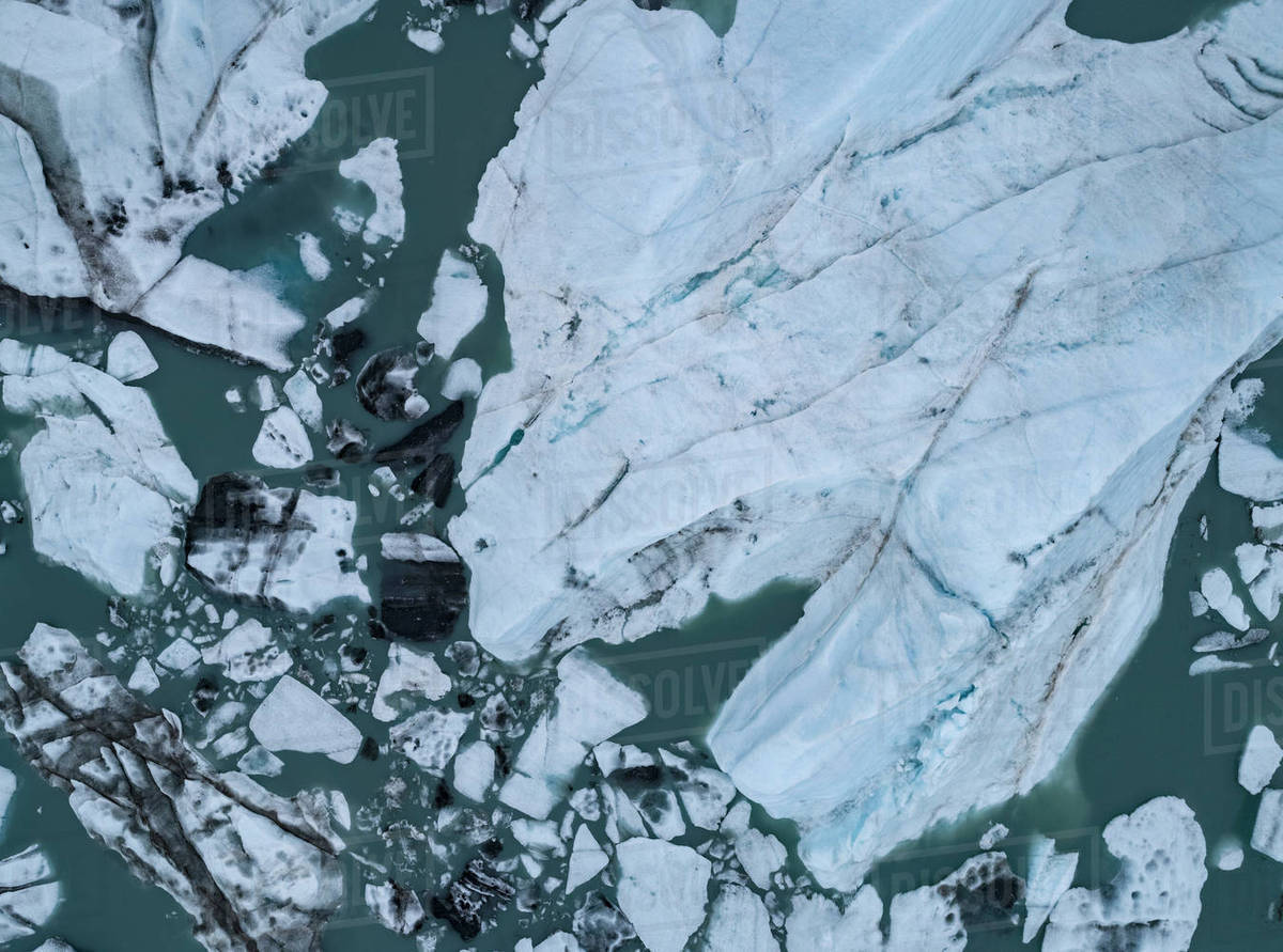 Drone view of icebergs in lagoon, Lake George, Palmer, Alaska, USA ...