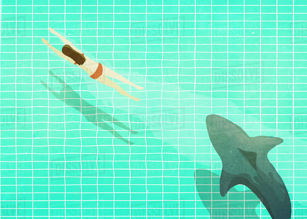 Shark chasing woman swimming in swimming pool - Royalty-free Stock ...