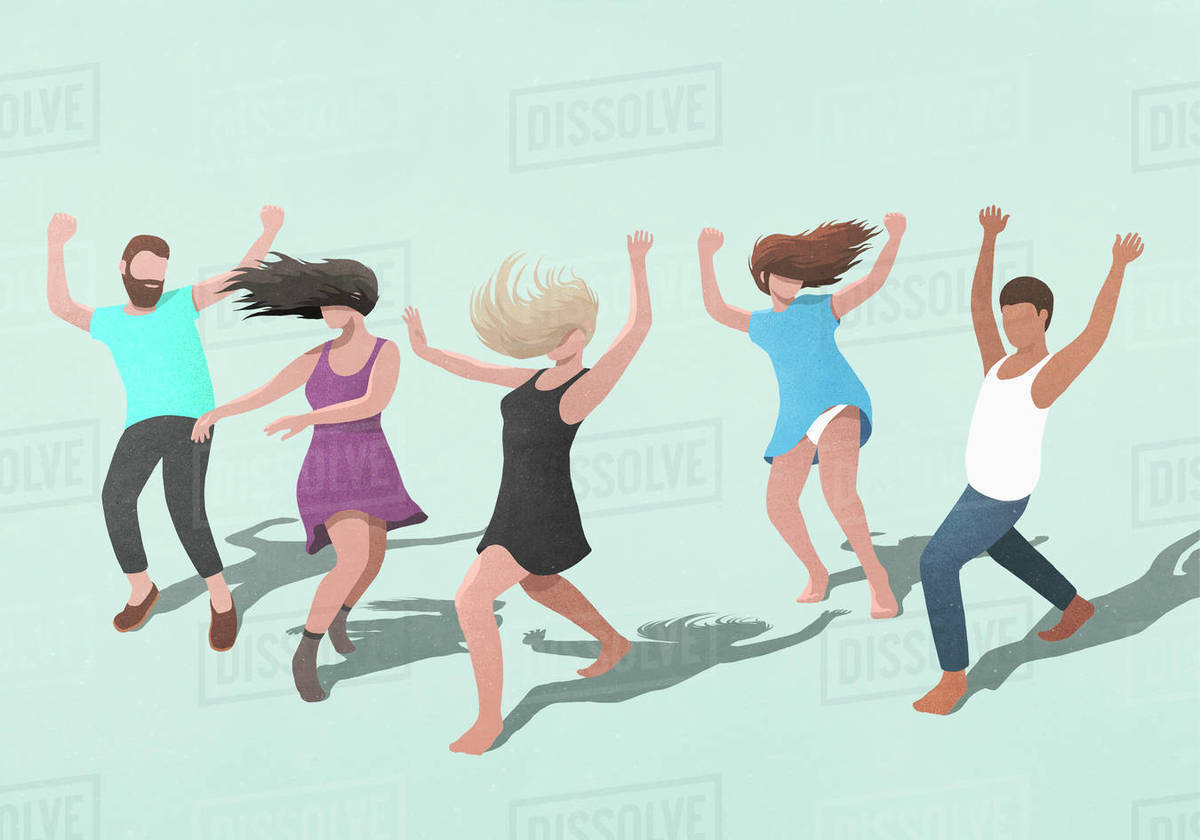 Carefree friends dancing on blue background - Royalty-free Stock Photo ...