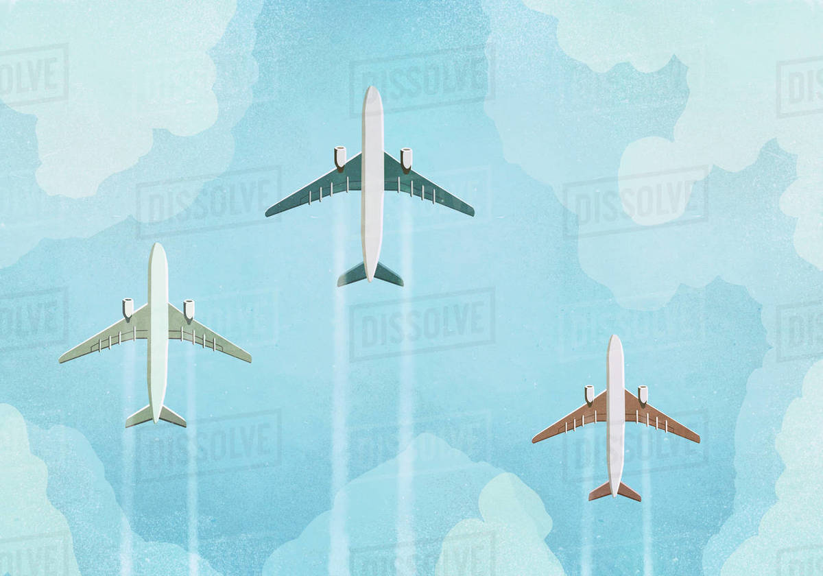 Low angle view of three airplanes flying in the sky - Stock Photo ...