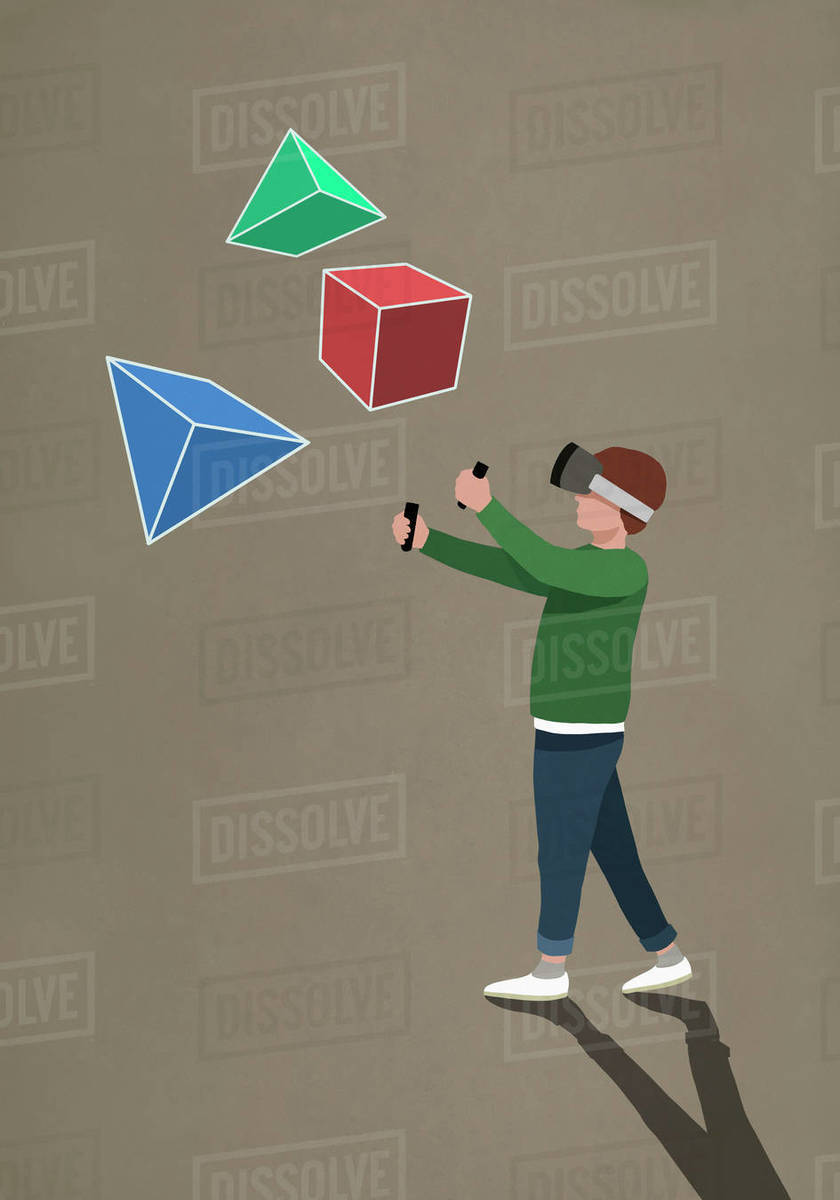 Boy with virtual reality simulator glasses looking at 3D geometric ...