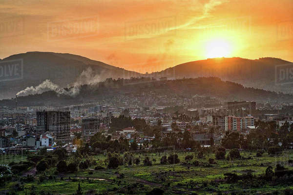 Sunset over city and mountains, Addis Ababa, Ethiopia - Stock Photo ...