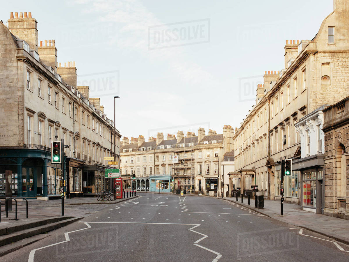 Buildings along empty main street, Bath, Somerset, UK - Stock Photo ...