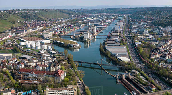 Sunny scenic aerial Stuttgart cityscape and Rhine River, Baden ...
