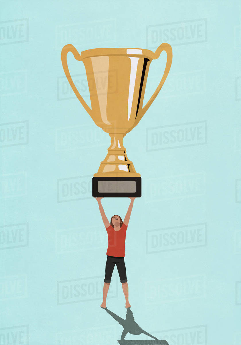 Victorious woman holding large trophy overhead - Royalty-free Stock ...