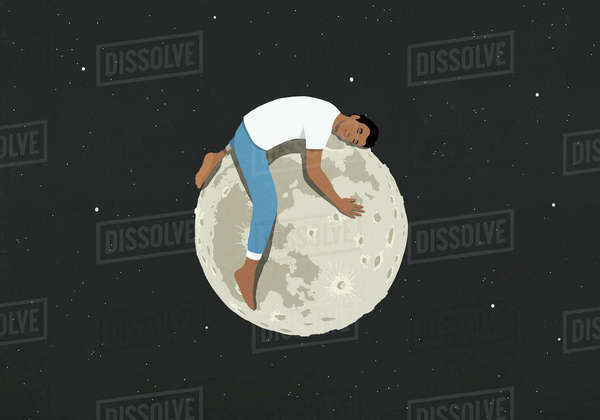 Tired man sleeping on top of the moon - Stock Photo - Dissolve